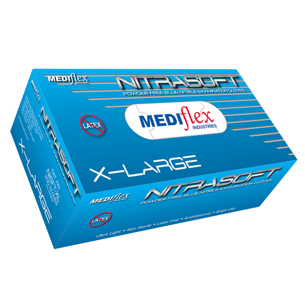 Mediflex Nitrasoft Powder Free Blue Nitrile Gloves - Small - Box 200